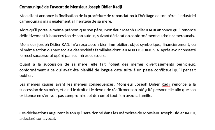 [COMMUNIQUÉ] Héritage de Joseph Kadji Defosso : Joseph Didier Kadji ...