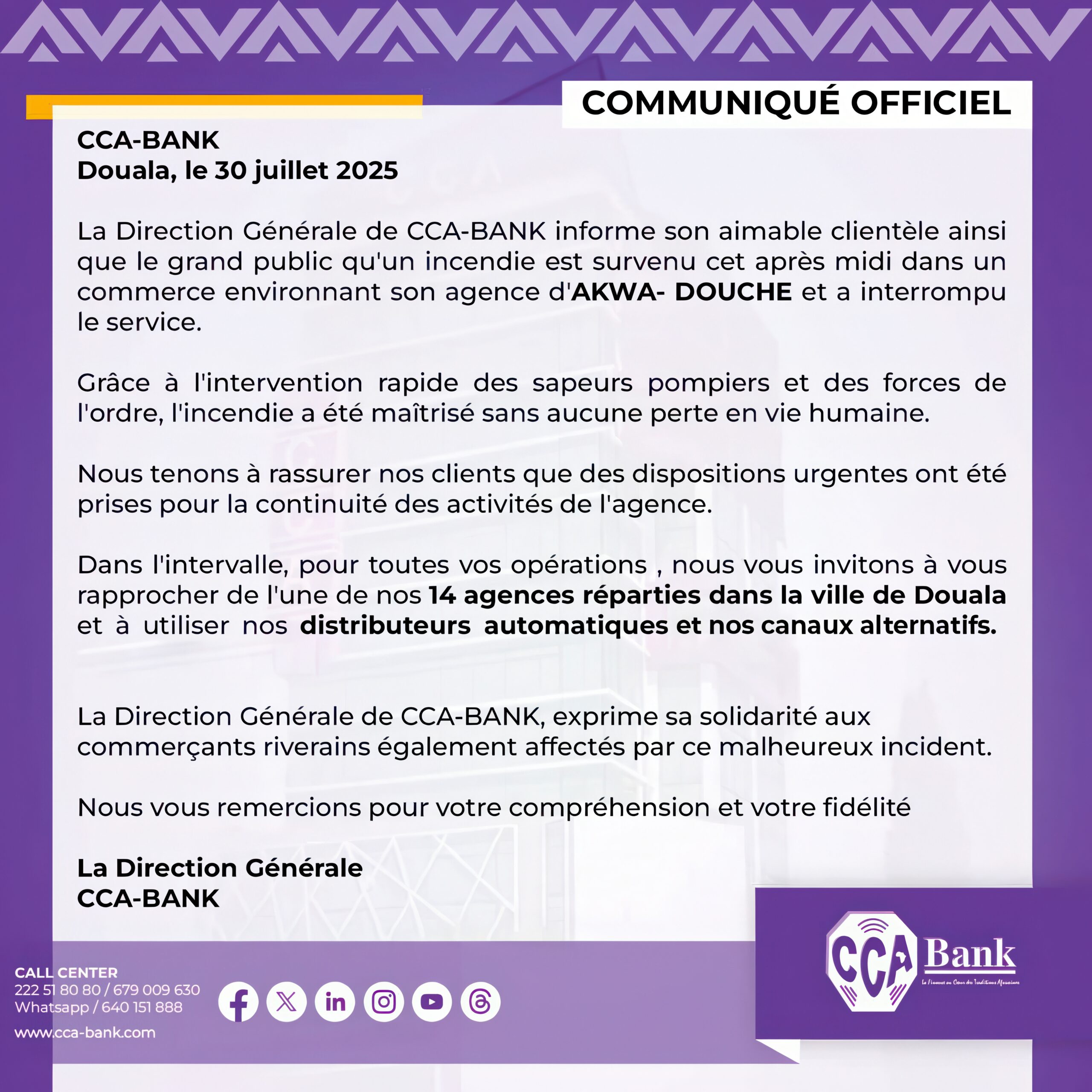 [COMMUNIQUÉ] CCA-BANK rassure sa clientèle et le grand public suite à ...