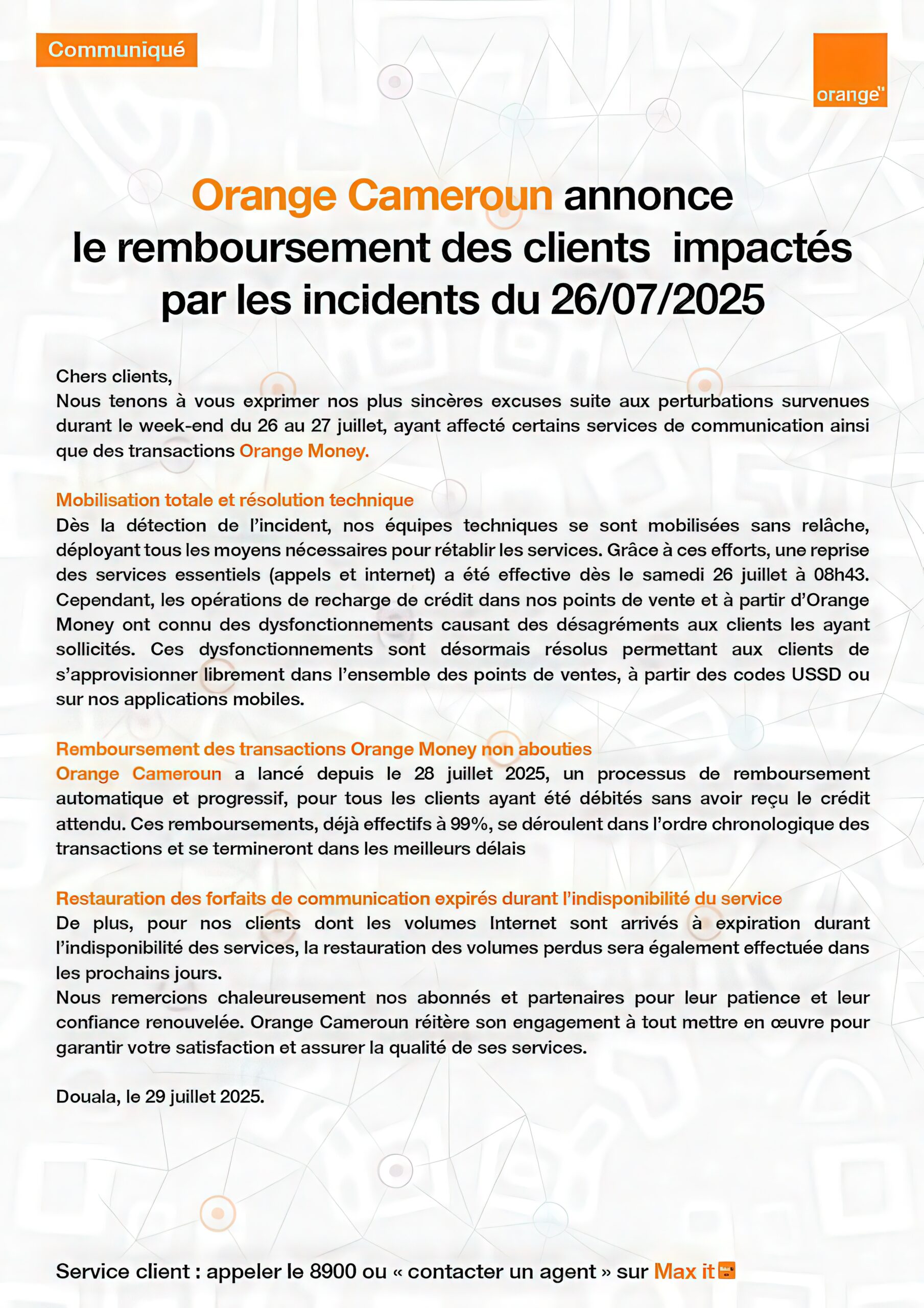 [COMMUNIQUÉ] Orange Cameroun annonce le remboursement des clients ...